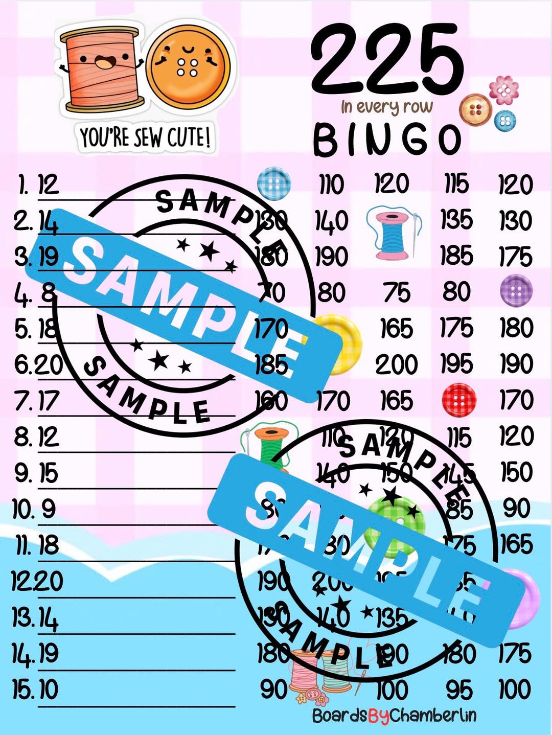 225 WTA Sew Cute Bingo Board - Etsy