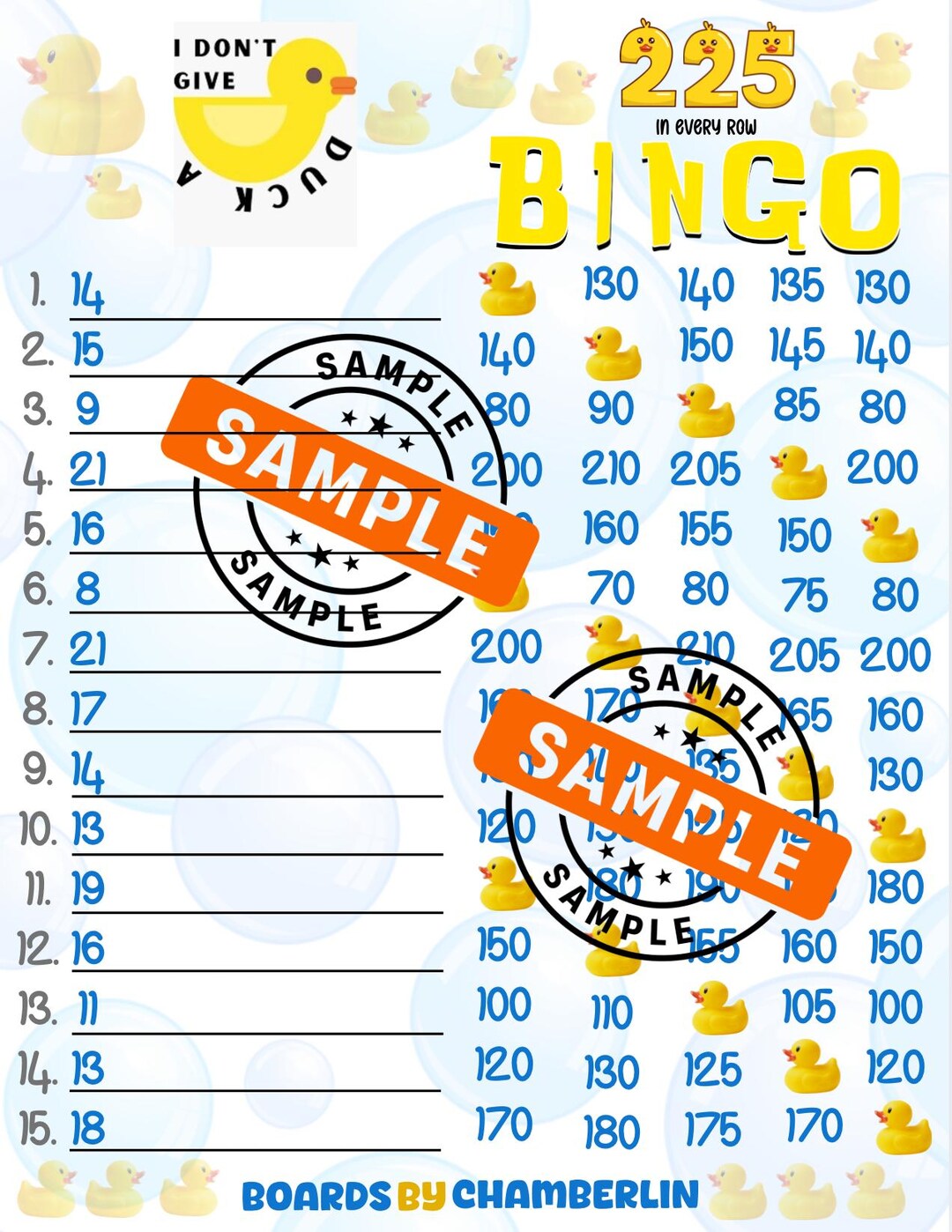 225 WTA Duck Bingo Boards - Etsy
