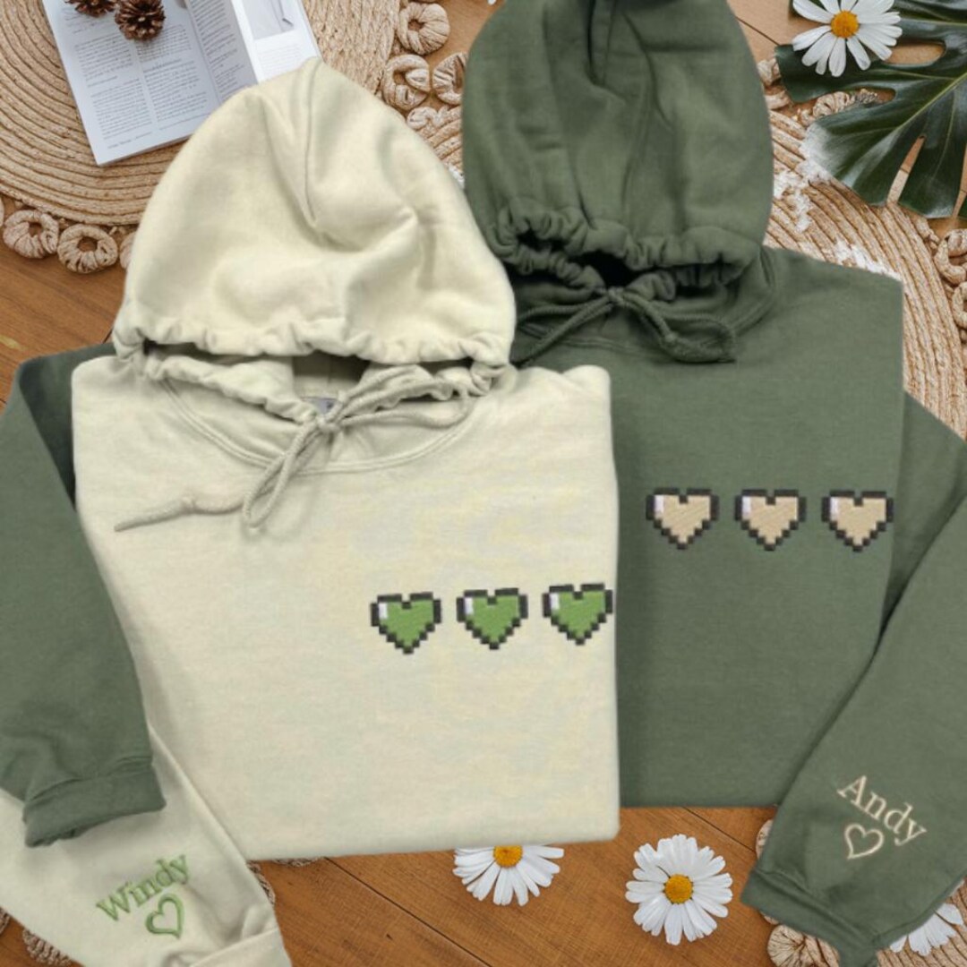 Embroidered Gamer Pixel Hearts Matching Couples Hoodie or Sweatshirt ...