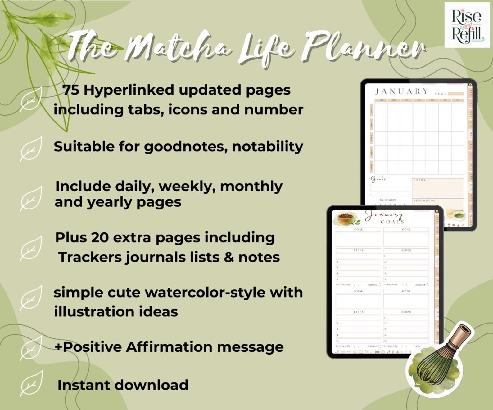 Aesthetic Digital Planner, Digital Planner for Matcha Lovers, Green Tea ...