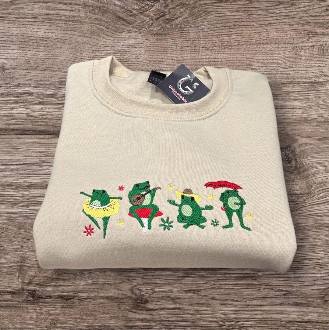Embroidered Frog Sweatshirt, Dancing Frogs Crew Neck, Animal Lover Gift ...