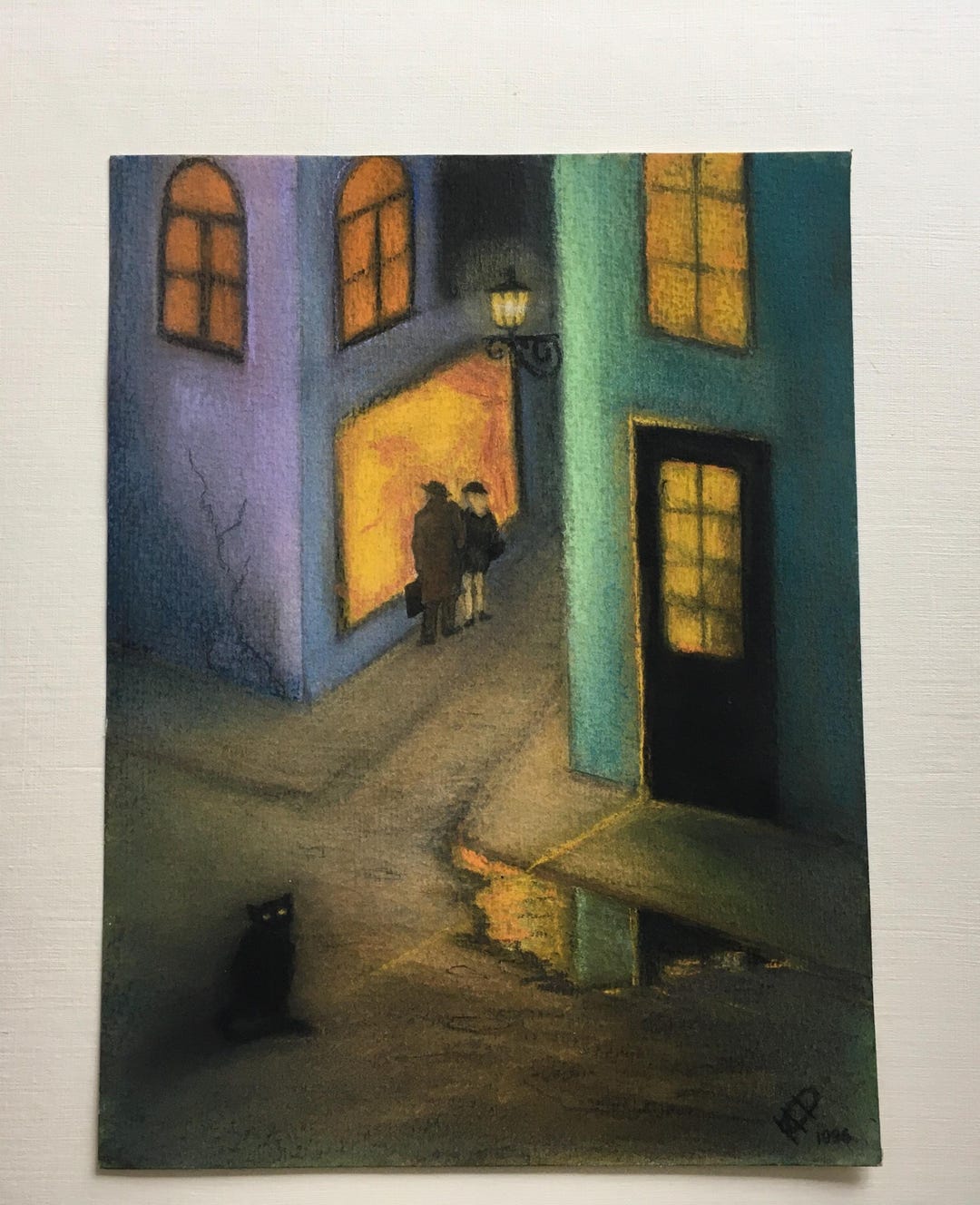 Lost Soul – Original Pastel Painting | Noir Street Scene With Black Cat ...