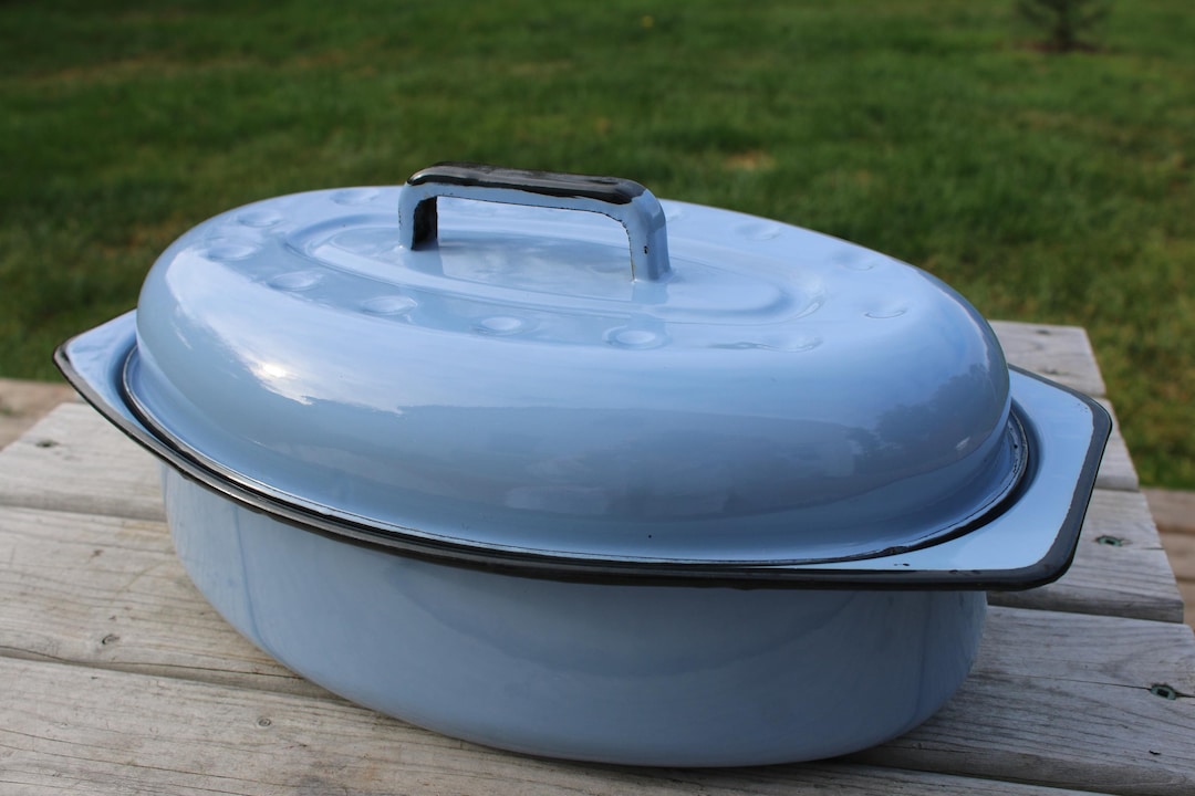 Blue Enamelware Roasting Pan Roaster Vintage Kitchen Farmhouse Cooking ...