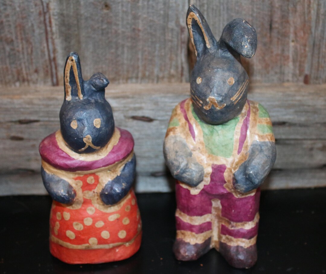 Vintage Rabbit X 2 Paper Mache Pair Easter Bunny Primitive Decoration ...