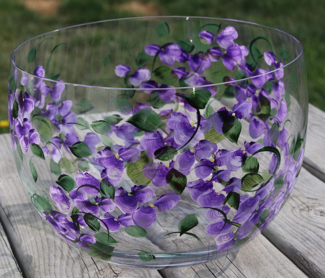 Handpainted Glass Bowl Serving Purple Violets Fish Bowl - FREE SHIPPING ...