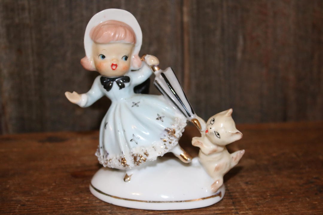 Vintage Girl and Cat Figurine Kitsche Shafford Japan Porcelain ...