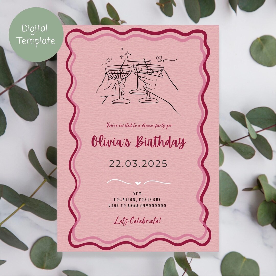 Retro Wavy Birthday Invitation. 70s Funky Red Pink Green Blue Party ...