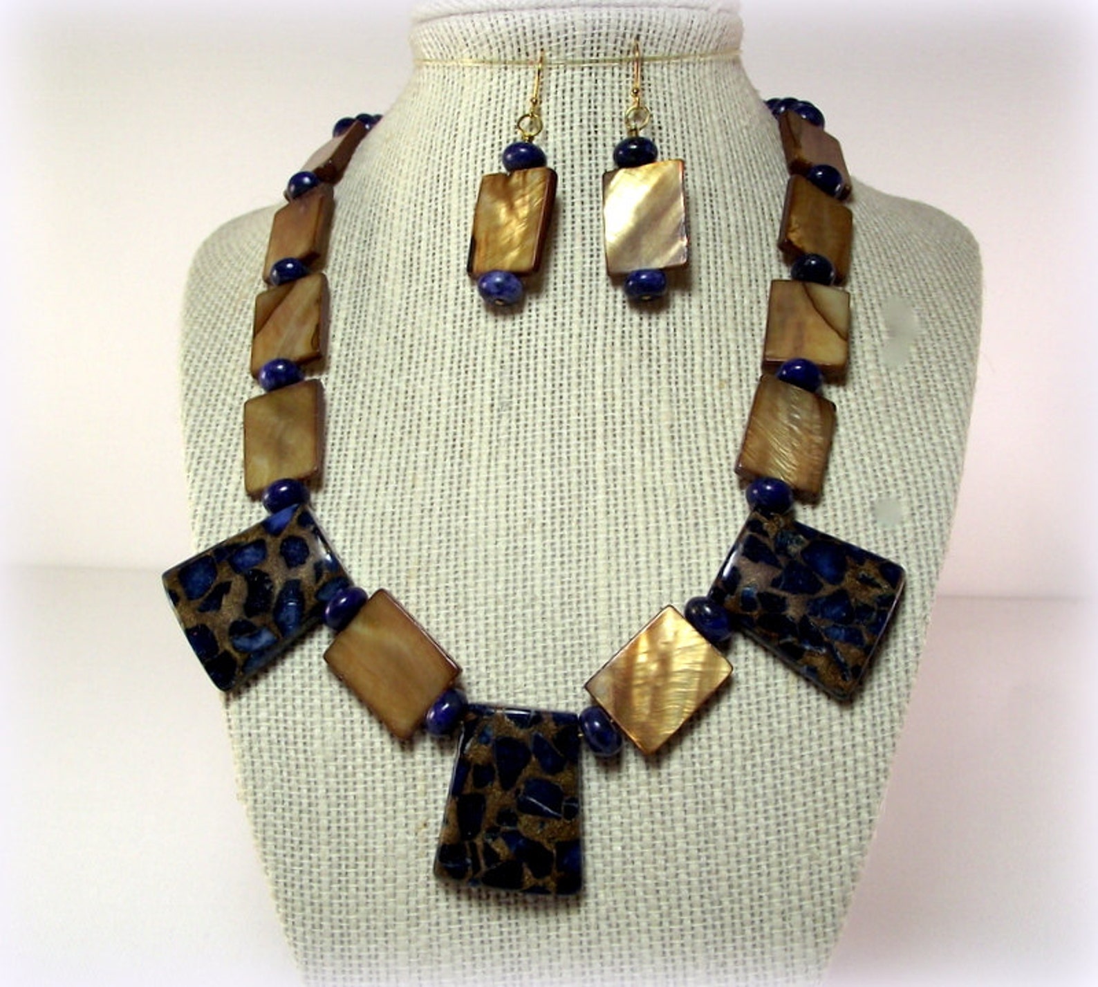 Blue Necklace Set the Deep Blue Blue and Gold Stone Necklace and ...