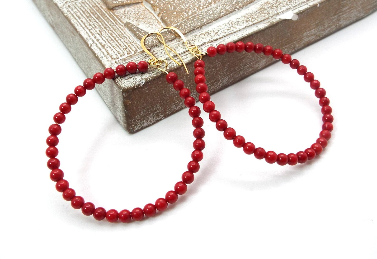 Red Earrings Red Hoop Earrings Red Sea Coral Beaded Hoops - Etsy