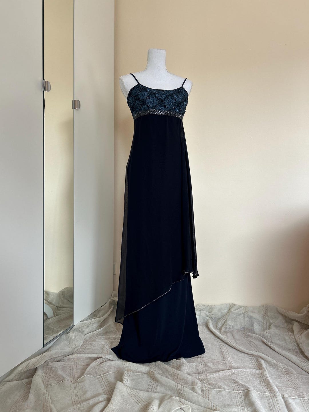 Vintage 90s Prom Dress: Dark Blue Floral Beaded Embellishments, S/M - Etsy
