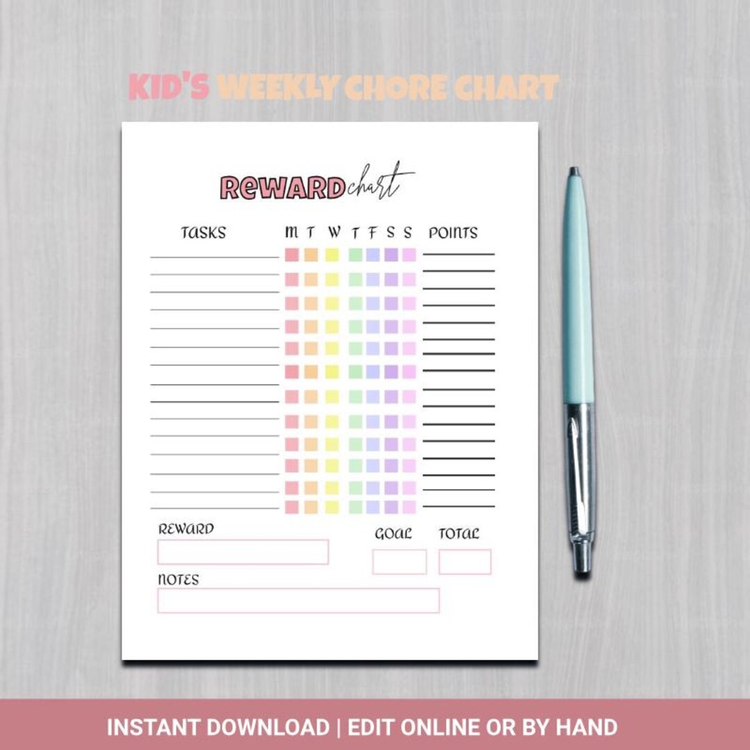 Kids Chore Chart Printable Editable Kids Reward Chart Kids ...