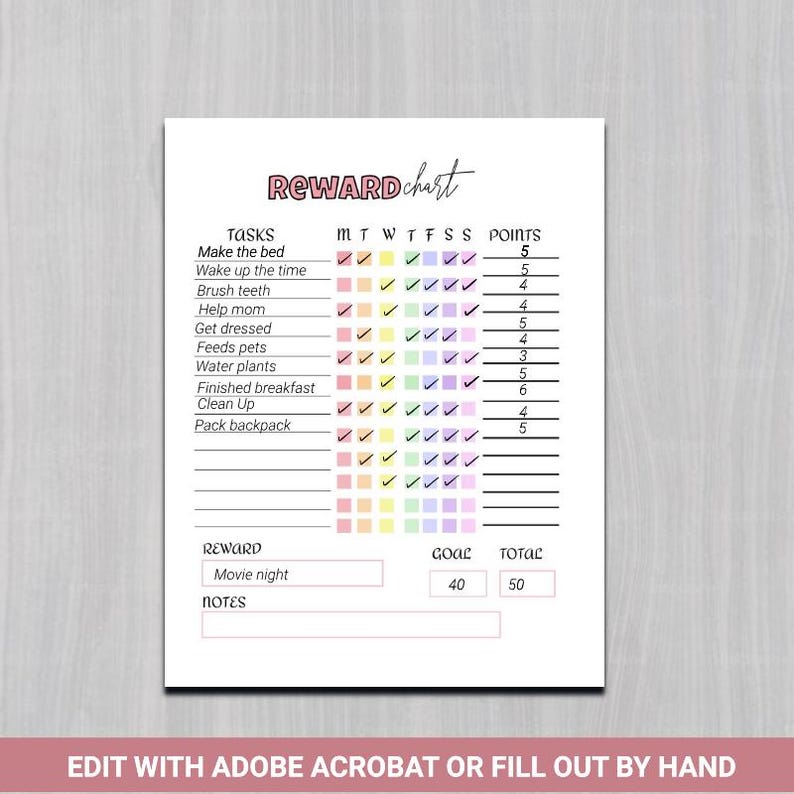 Kids Chore Chart Printable: Weekly Reward System (PDF Download) - Etsy