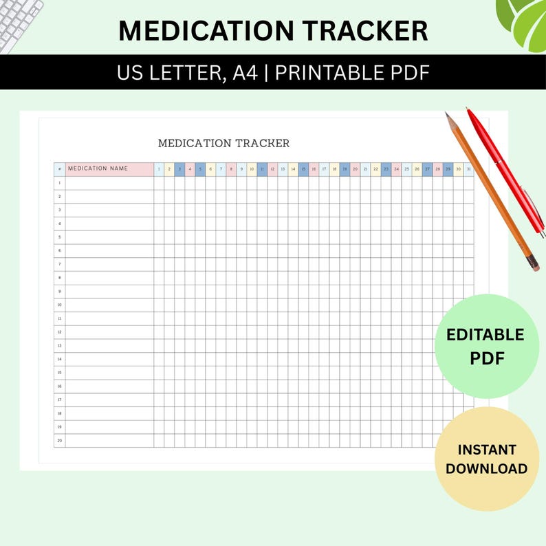 Editable Medication & Supplement Tracker: A4, Letter Size (PDF Download ...