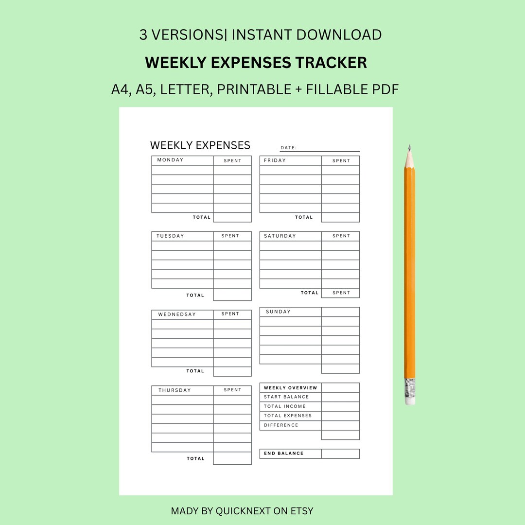 Weekly Expenses Tracker Printable PDF Budget Planner Insert A4 A5 ...