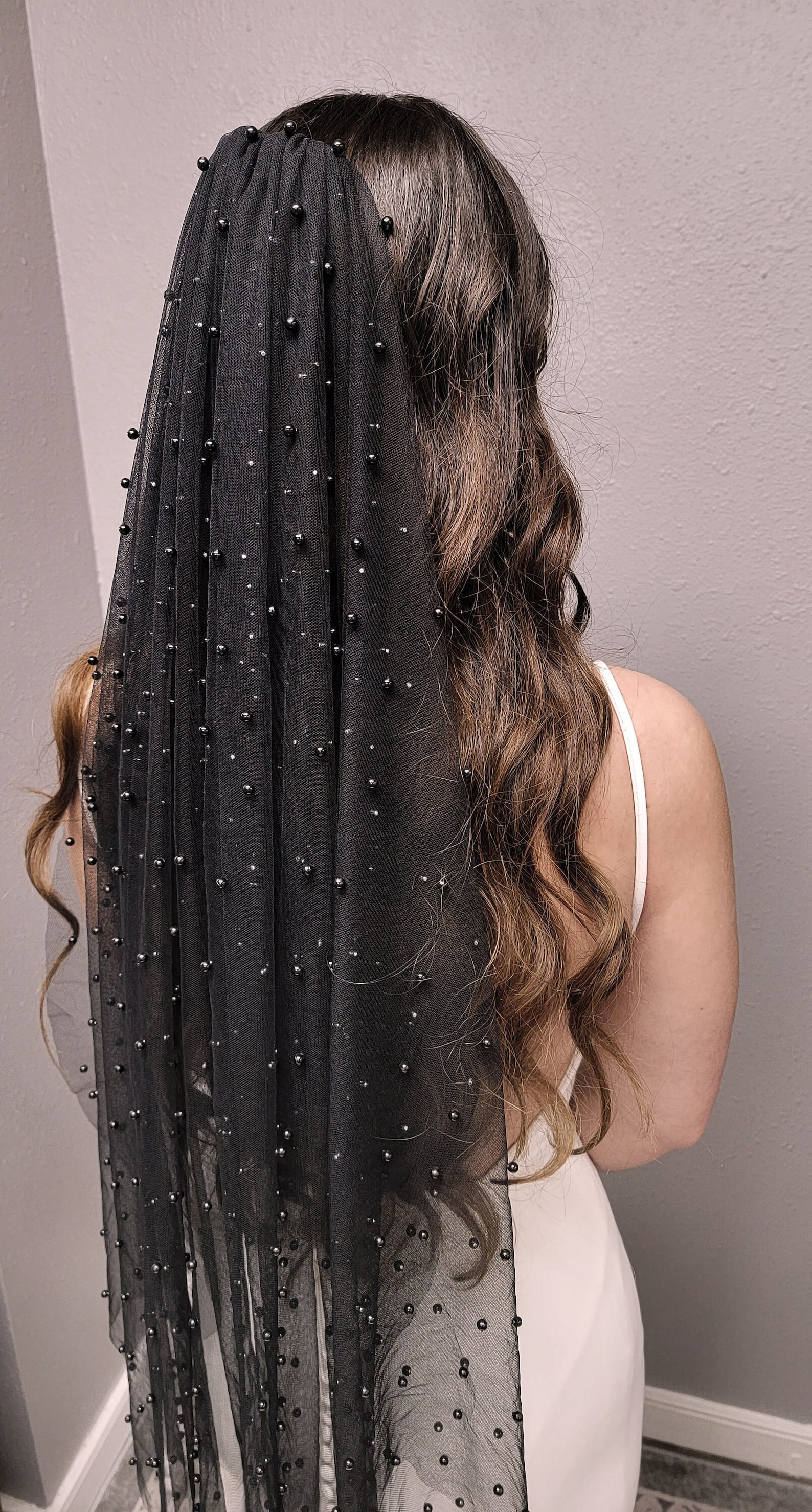 Black Pearl Beaded Wedding Veil | Wide Width Gothic Glamour - Etsy