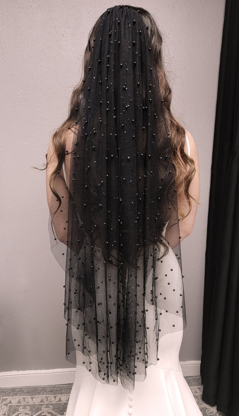 Black Pearl Beaded Wedding Veil | Wide Width Gothic Glamour - Etsy