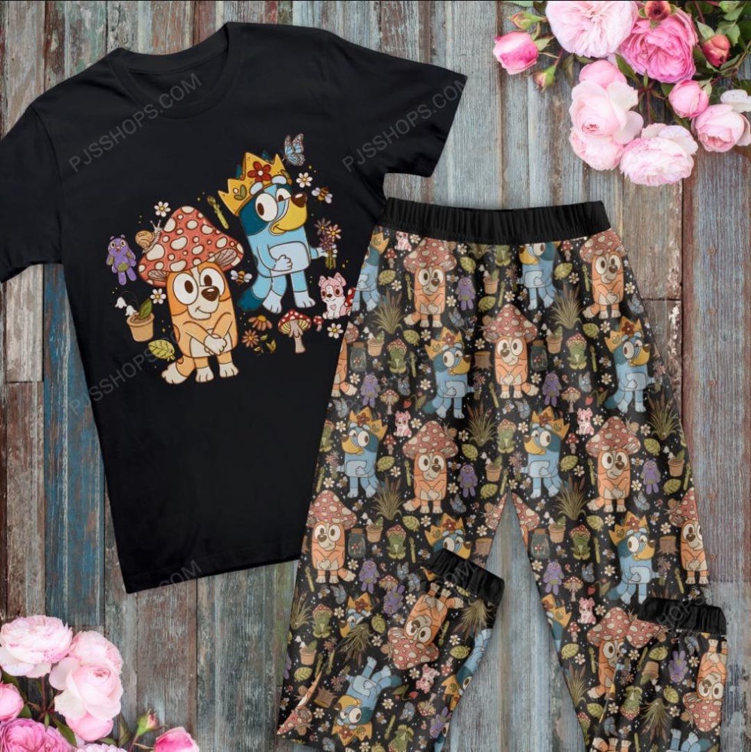 Mushroom Bluey Pajamas Set, Blue Dog Mushroom Pajamas Set, Bluey Family ...