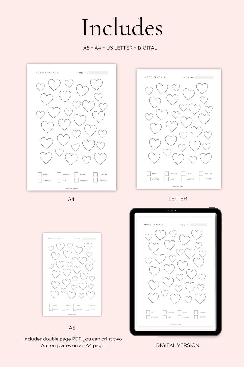 Heart Mood Tracker Template Printable Digital A4 A5 US Letter Self-care ...