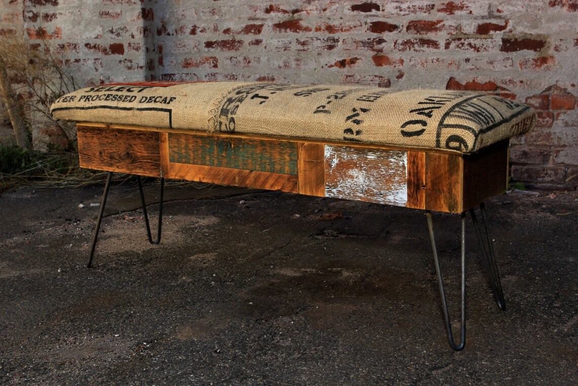 Reclaimed Wood and Recycled Coffee Sack Storage Benches - Etsy