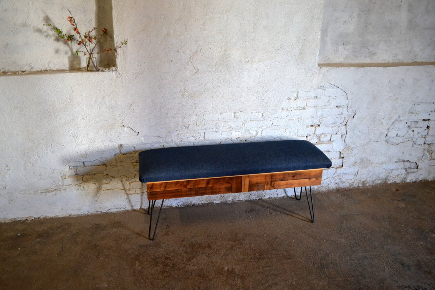 Reclaimed Pine Patchwork Storage Bench With Fabric Top - Etsy