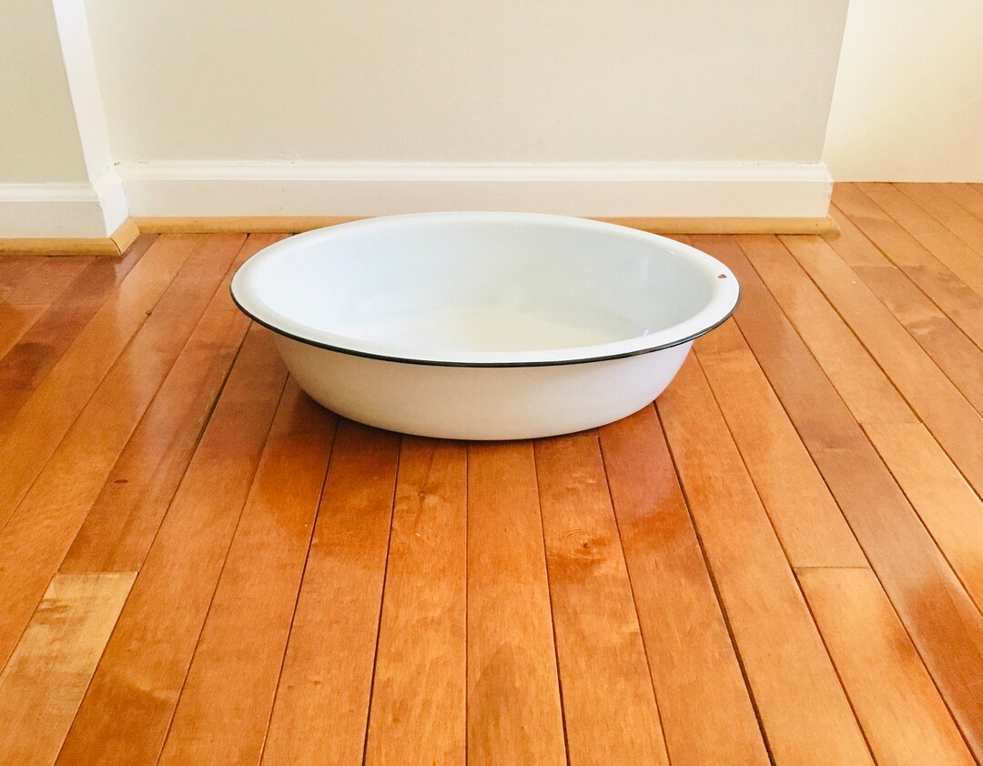 Vintage Enamelware Wash Basin, Large Oval White Black Trim - Etsy