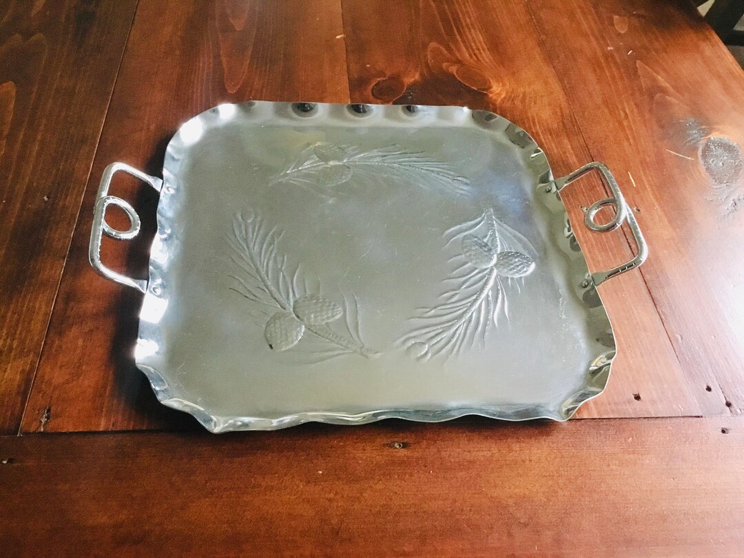 Vintage Aluminum Etched Floral Square Silver Serving Tray With Handles ...