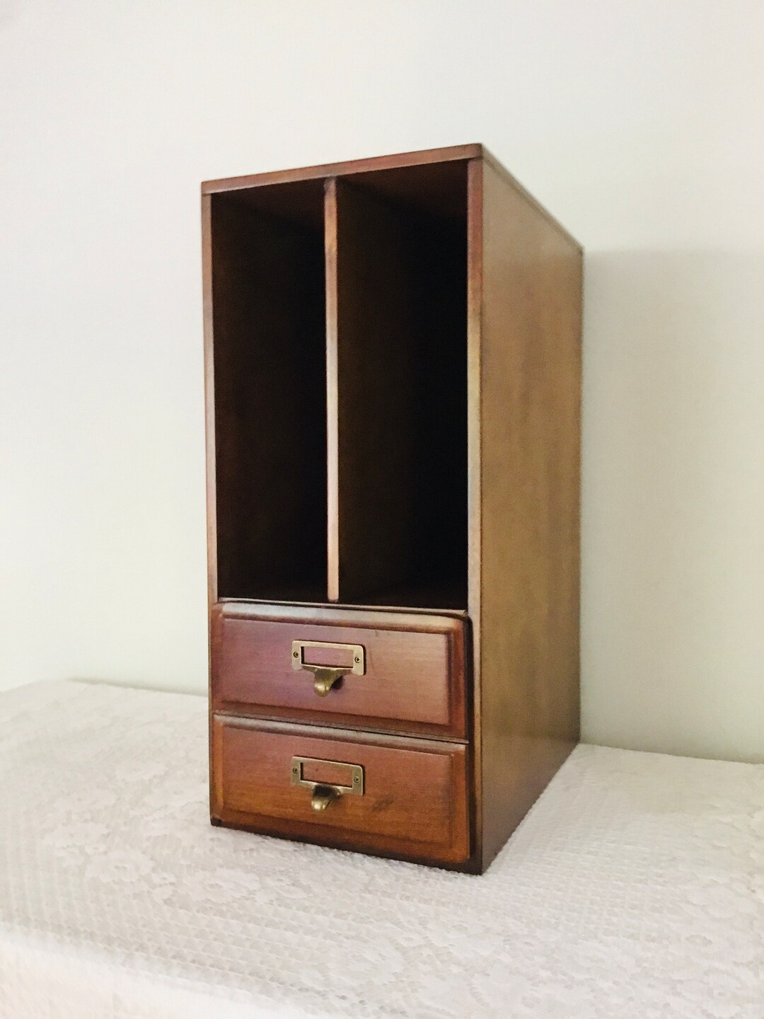 Vintage Wood Desktop Two Compartments File Box Cabinet With Drawer - Etsy
