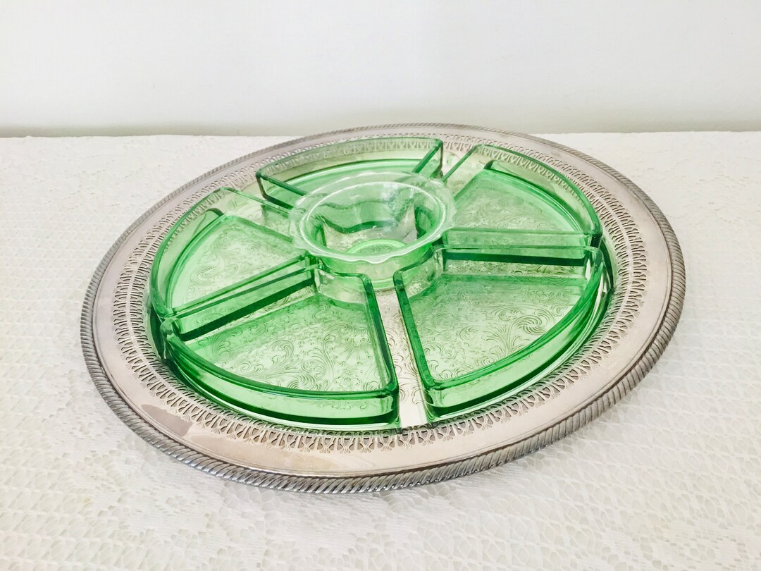 Vintage Green Depression Glass Removable Compartment Sections Relish ...