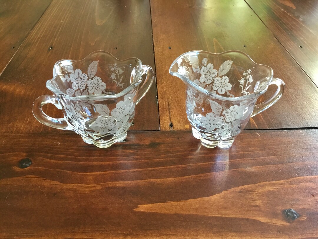 Vintage Flower Etched Clear Glass Sugar Bowl And Creamer Set Etsy