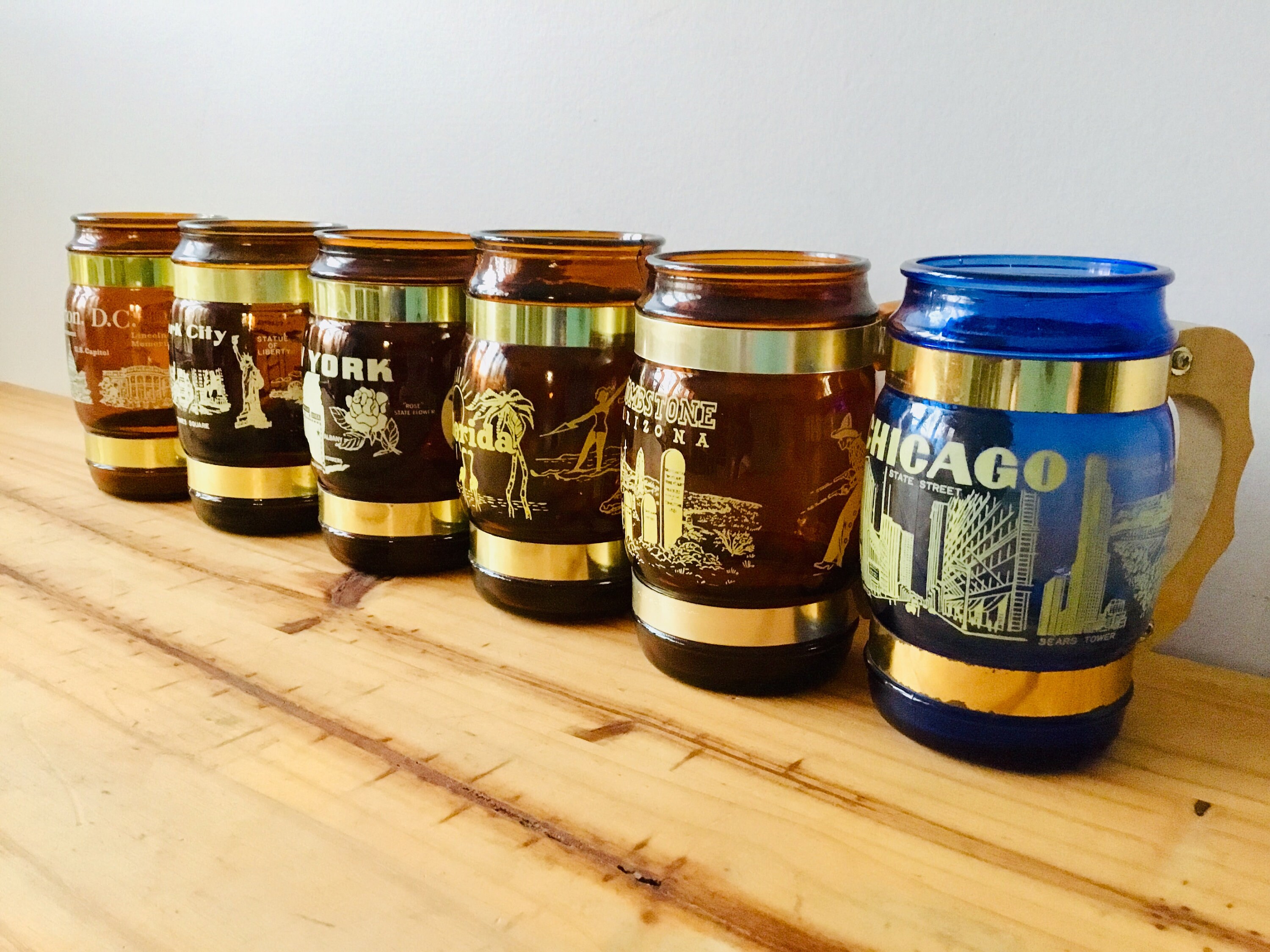 Amber Brown Glass Wood Handle Beer Barrel Mugs Set of 6 | Etsy
