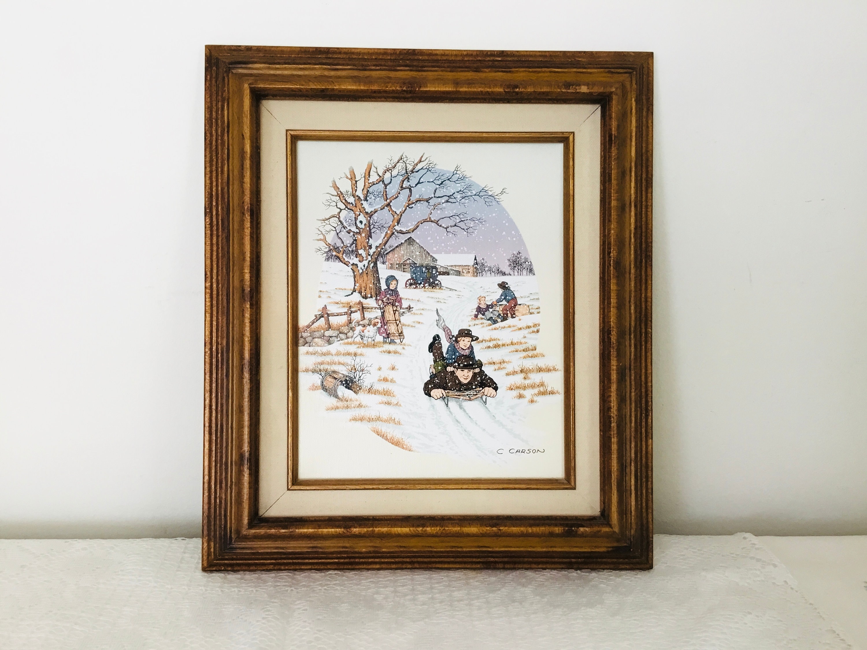 Vintage C. Carson Oil Painting Print Country Amish Ice Skating Winter ...