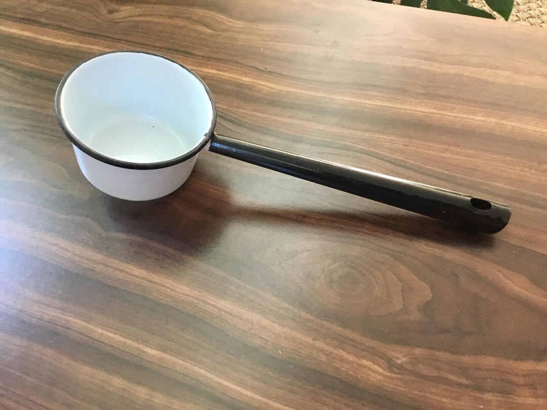 Vintage Enamelware Dipper Ladle White Black Trim Farmhouse Decor Rustic ...