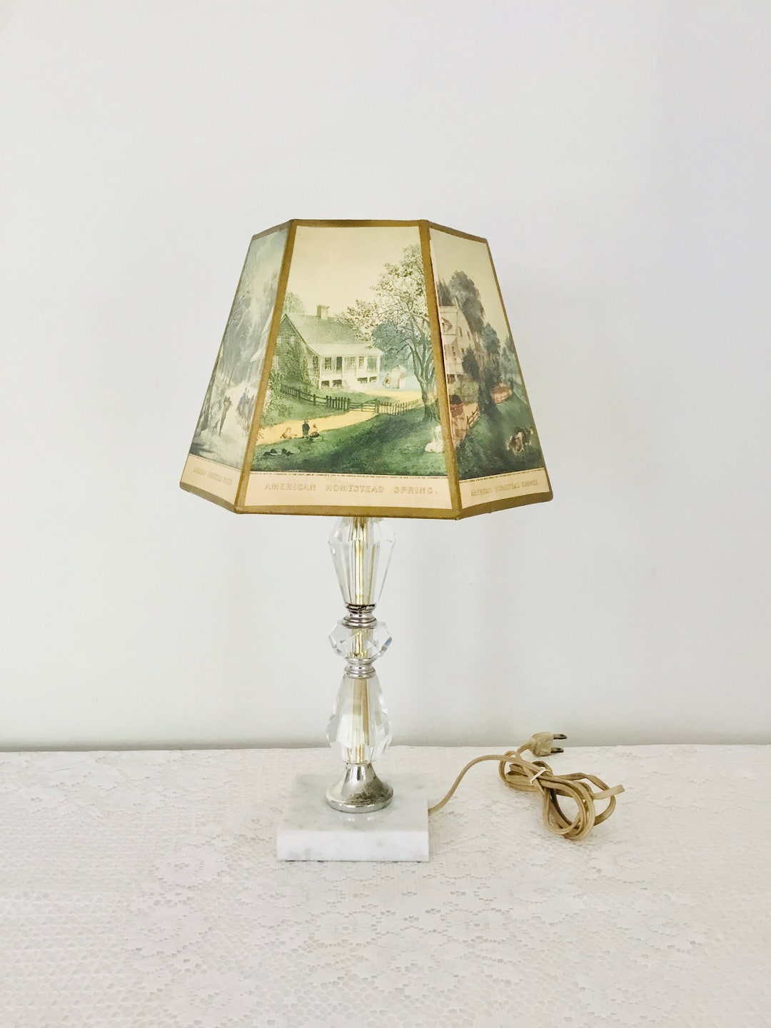 Vintage Glass Crystal Lamps Marble Base With American Homestead Four ...
