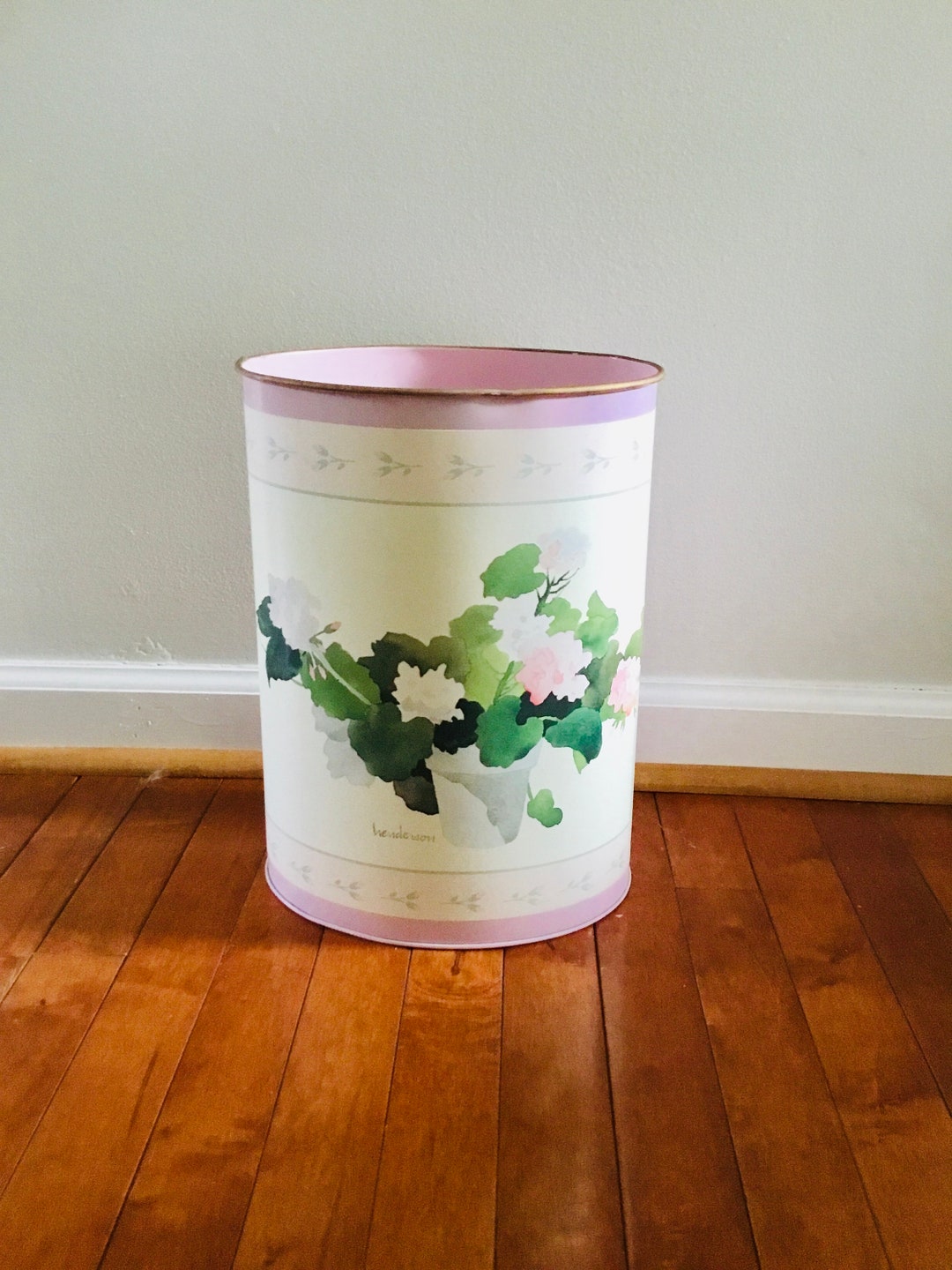 Vintage Tin Waste Basket, Botanical Decor, Floral Trash Can, Signed ...