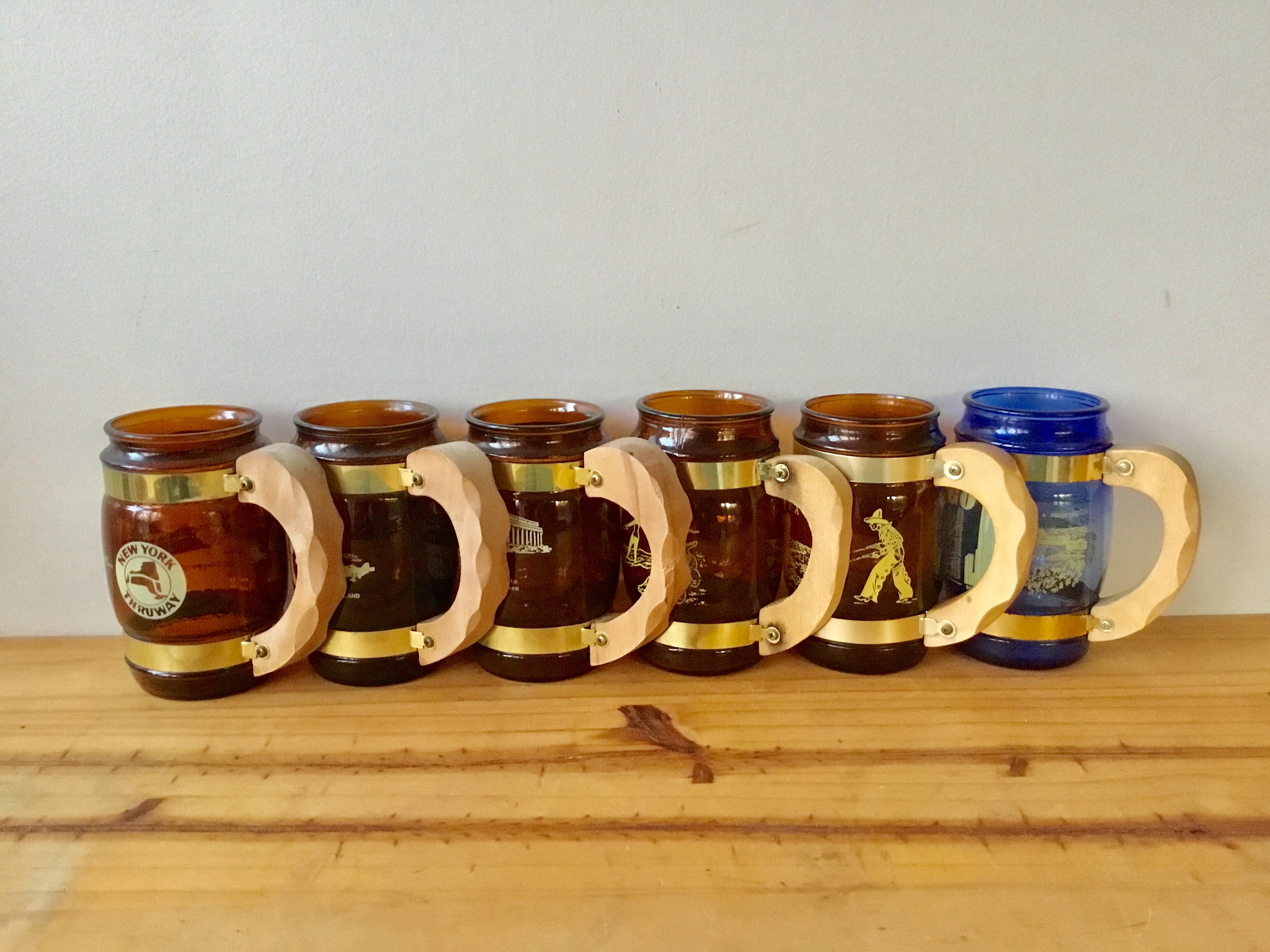 Amber Brown Glass Wood Handle Beer Barrel Mugs Set of 6 | Etsy