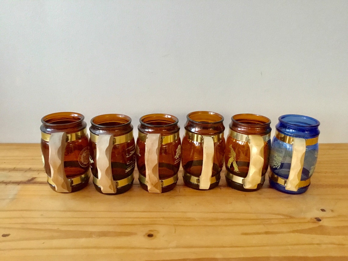 Amber Brown Glass Wood Handle Beer Barrel Mugs Set of 6 | Etsy