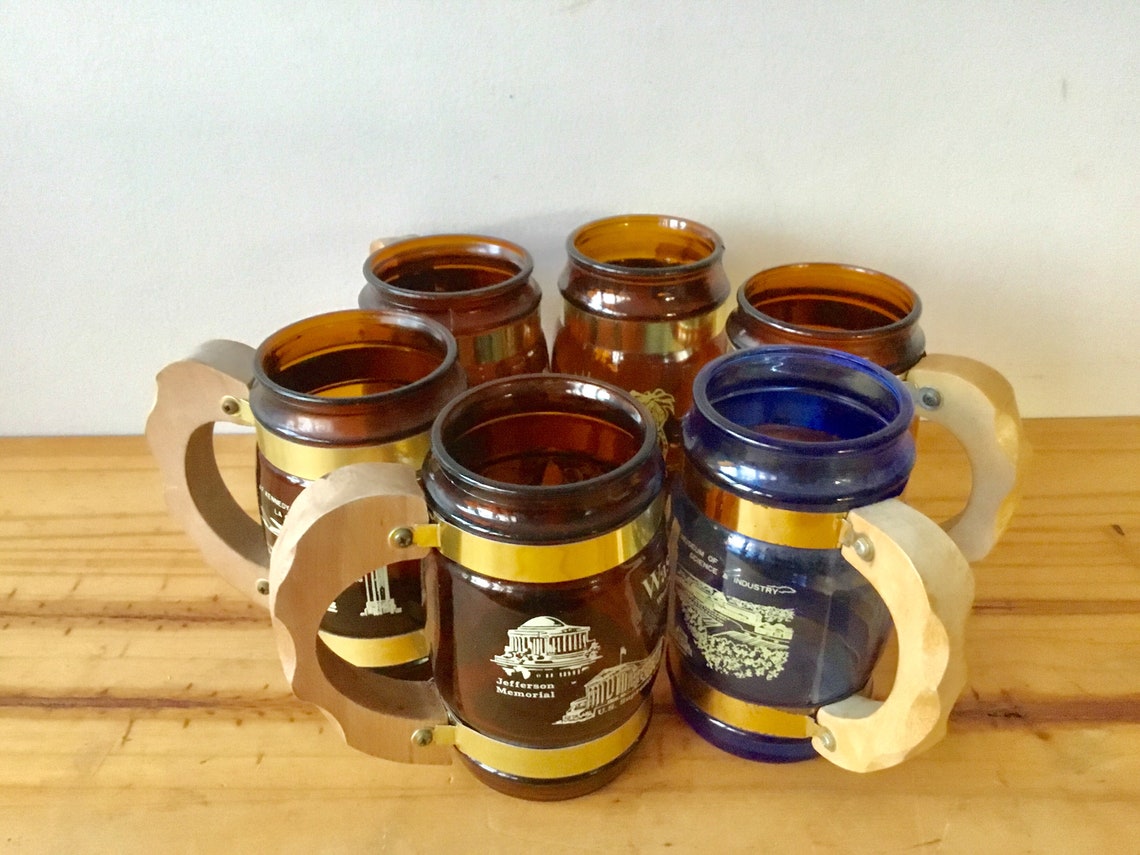 Amber Brown Glass Wood Handle Beer Barrel Mugs Set of 6 | Etsy