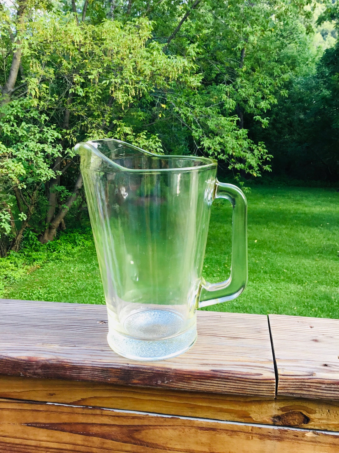 Vintage Beer Pitcher Bar Wagon Heavy Glass Textured Bottom Thick Handle ...