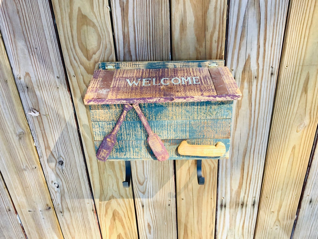 Vintage Rustic Wall Mail Organizer With Lid, Hooks & Welcome Sign - Etsy