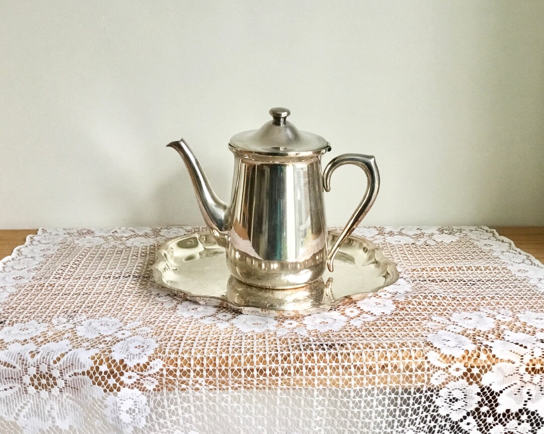 2 Pieces Vintage Oneida 13” Silver Plated Round Serving Tray and Tea ...