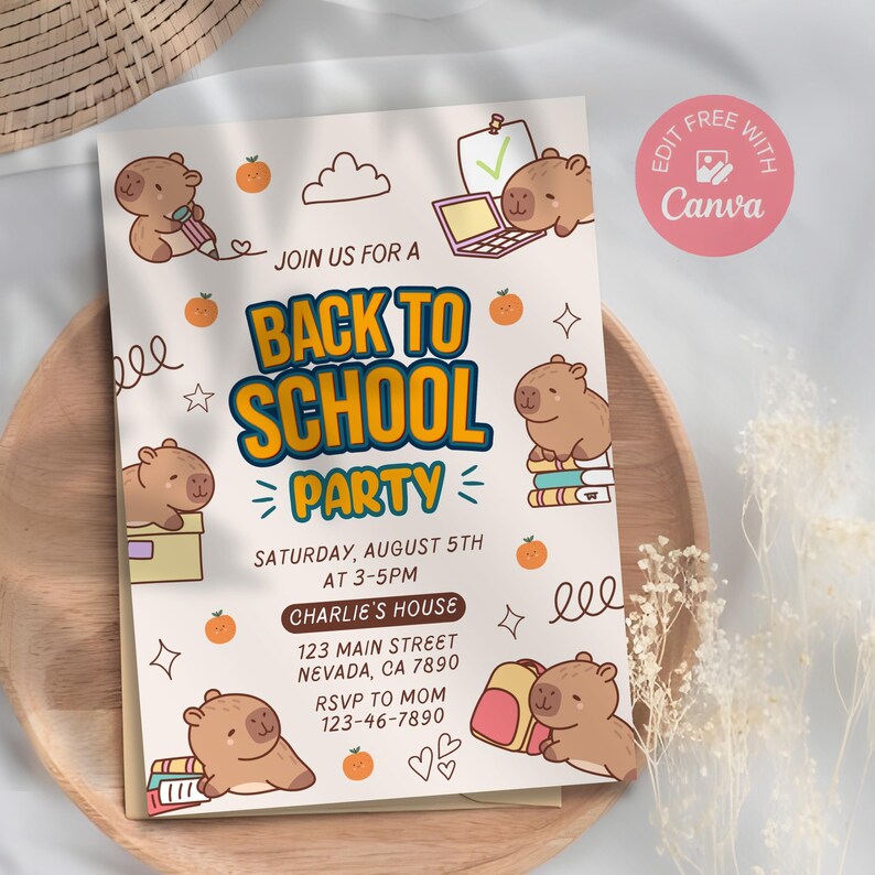 EDITABLE Capybara Back to School Invitation, Capy Back to School Bash ...
