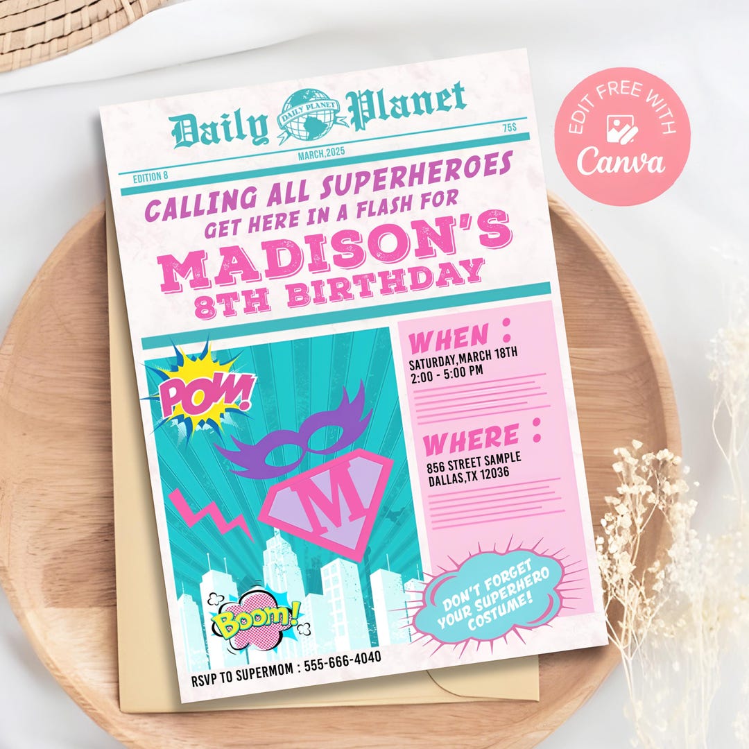 Editable Superhero Newspaper Invitation, Superhero Birthday Invitation ...