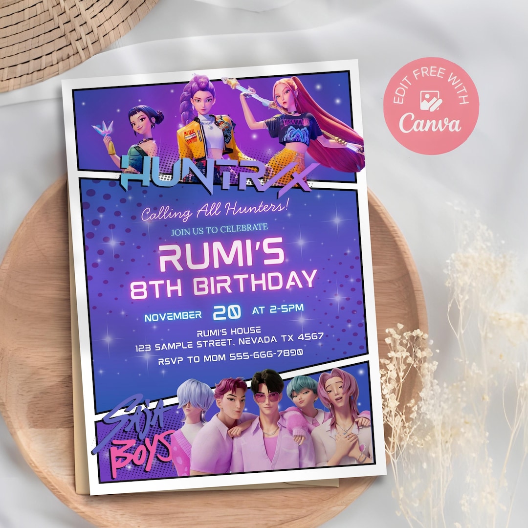 Kpop Demon Hunter Birthday Invitation, Editable Canva Template, Kpop ...
