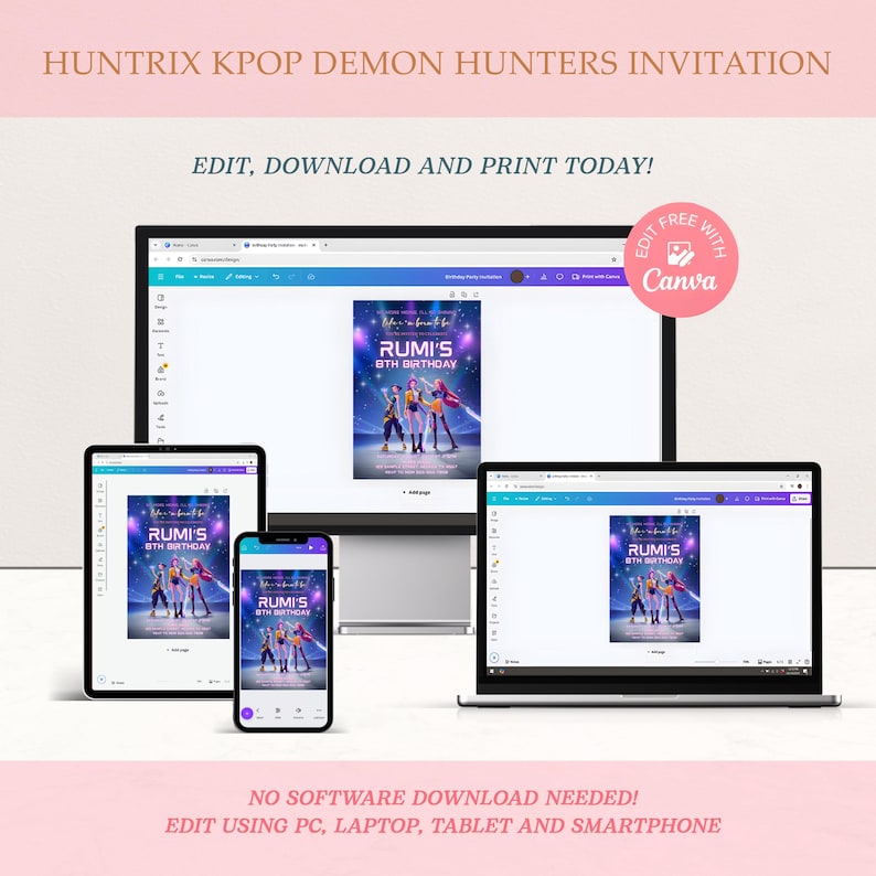 KPOP Demon Hunters Birthday Invitation, Kpop Anime Invite, Huntrix ...