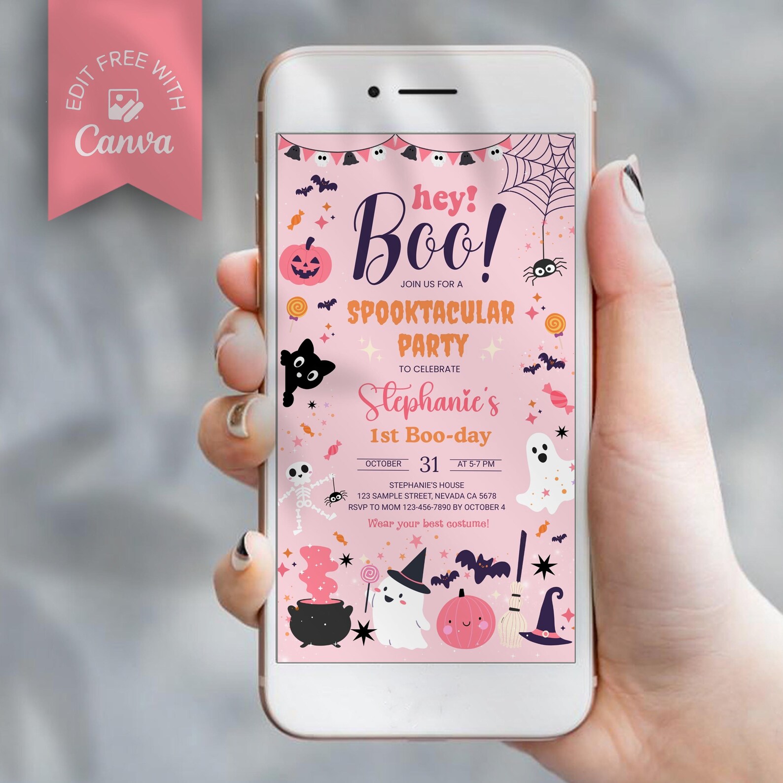 Halloween Pink Ghost Birthday Invitation, Hey Boo Girl Party ...