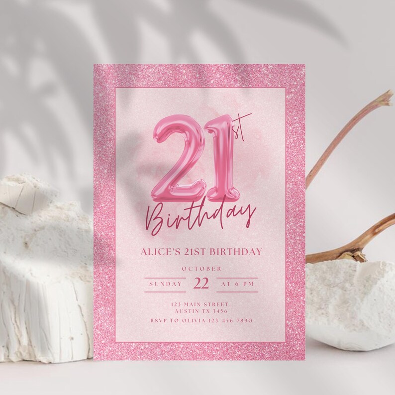 Girls 21st Birthday Invite, Pink Glitter Balloons Birthday Invitation ...
