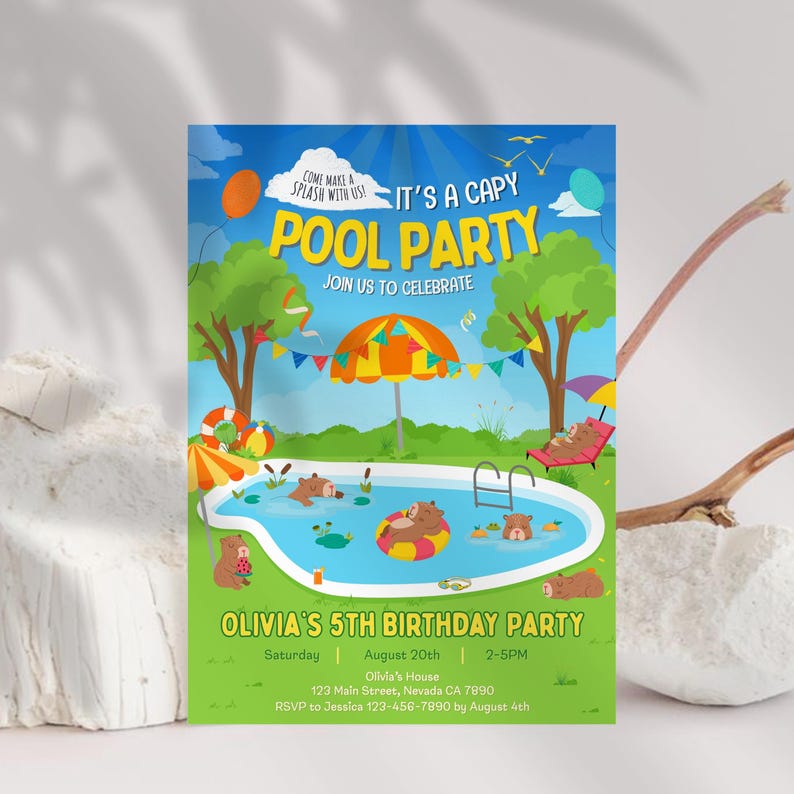 Capybara Pool Party Birthday Invitation, Summer Theme (canva Editable ...