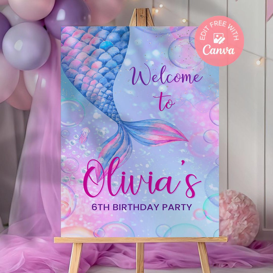 Editable Mermaid Birthday Welcome Sign, Under the Sea Party (canva ...