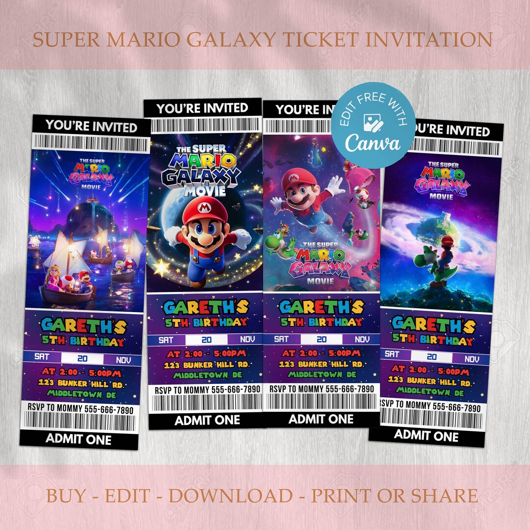Super Mario Galaxy Movie Ticket Invitation, Galactic Party Invite, Kids ...