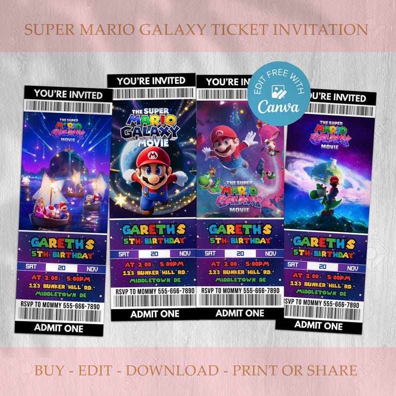 Super Mario Galaxy Movie Ticket Invitation, Galactic Party Invite, Kids ...